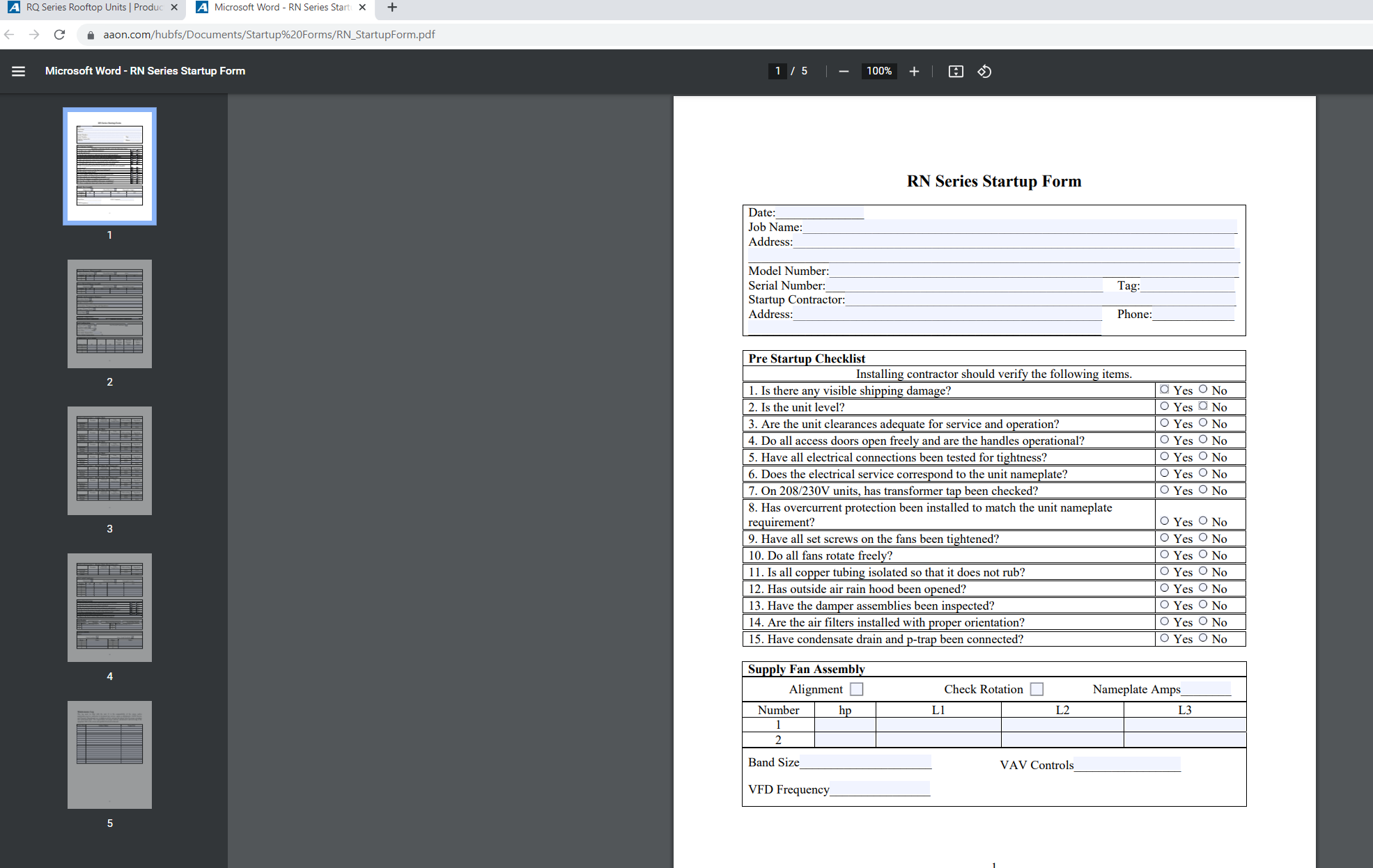 Where can I find startup forms for AAON Equipment?